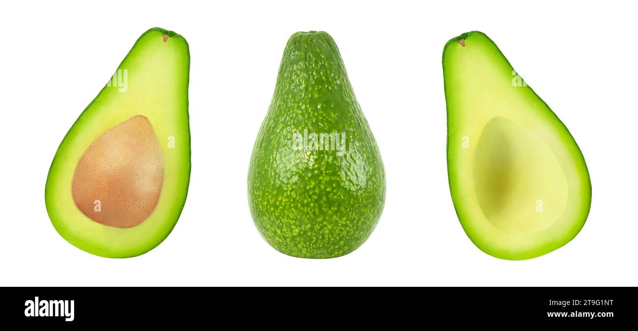 Avocado whole and half cut, with and without seeds inside isolated on a ...