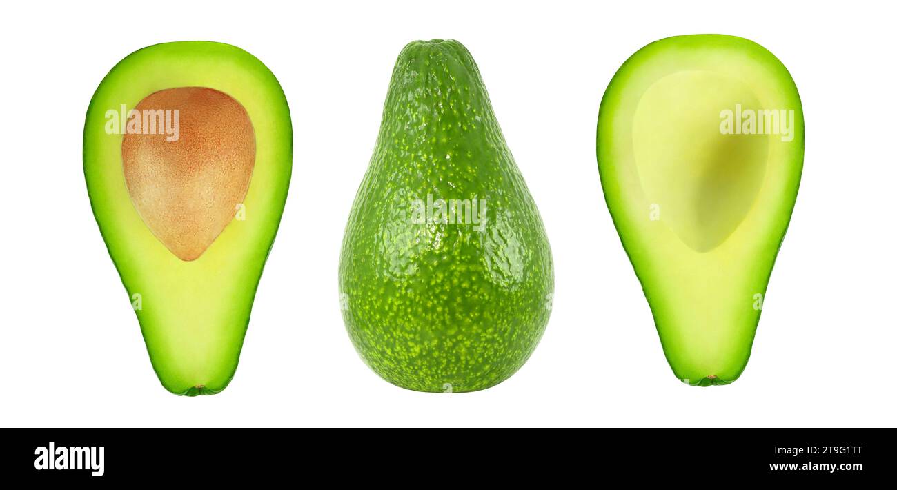 Avocado fruit, whole and cut isolated on white background with clipping ...
