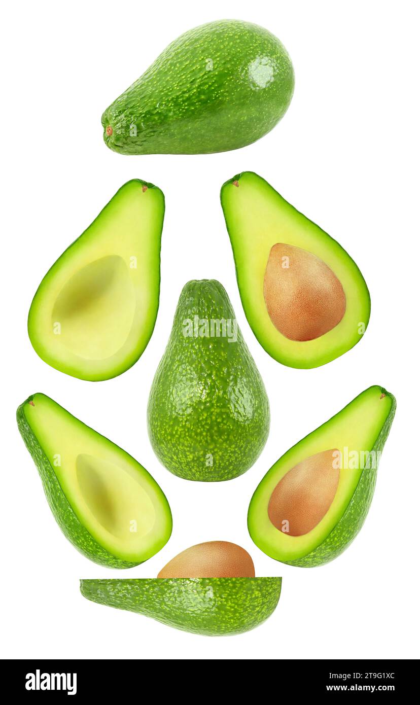Avocados whole and cut, set of different parts with and without a bone ...