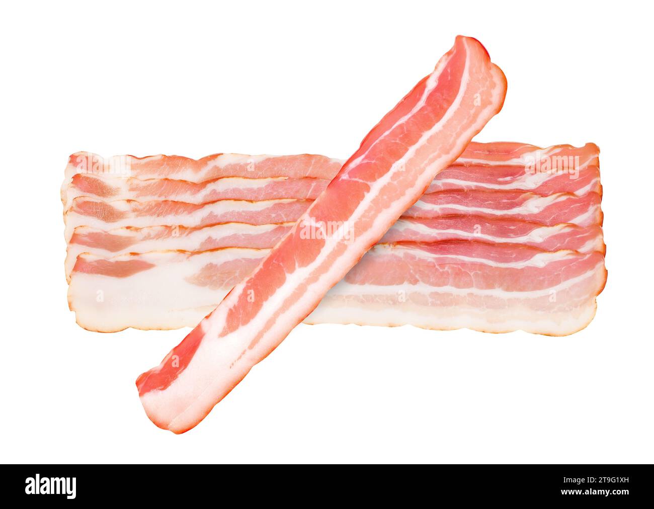 Bacon raw, several strips sliced isolated on white background of ...