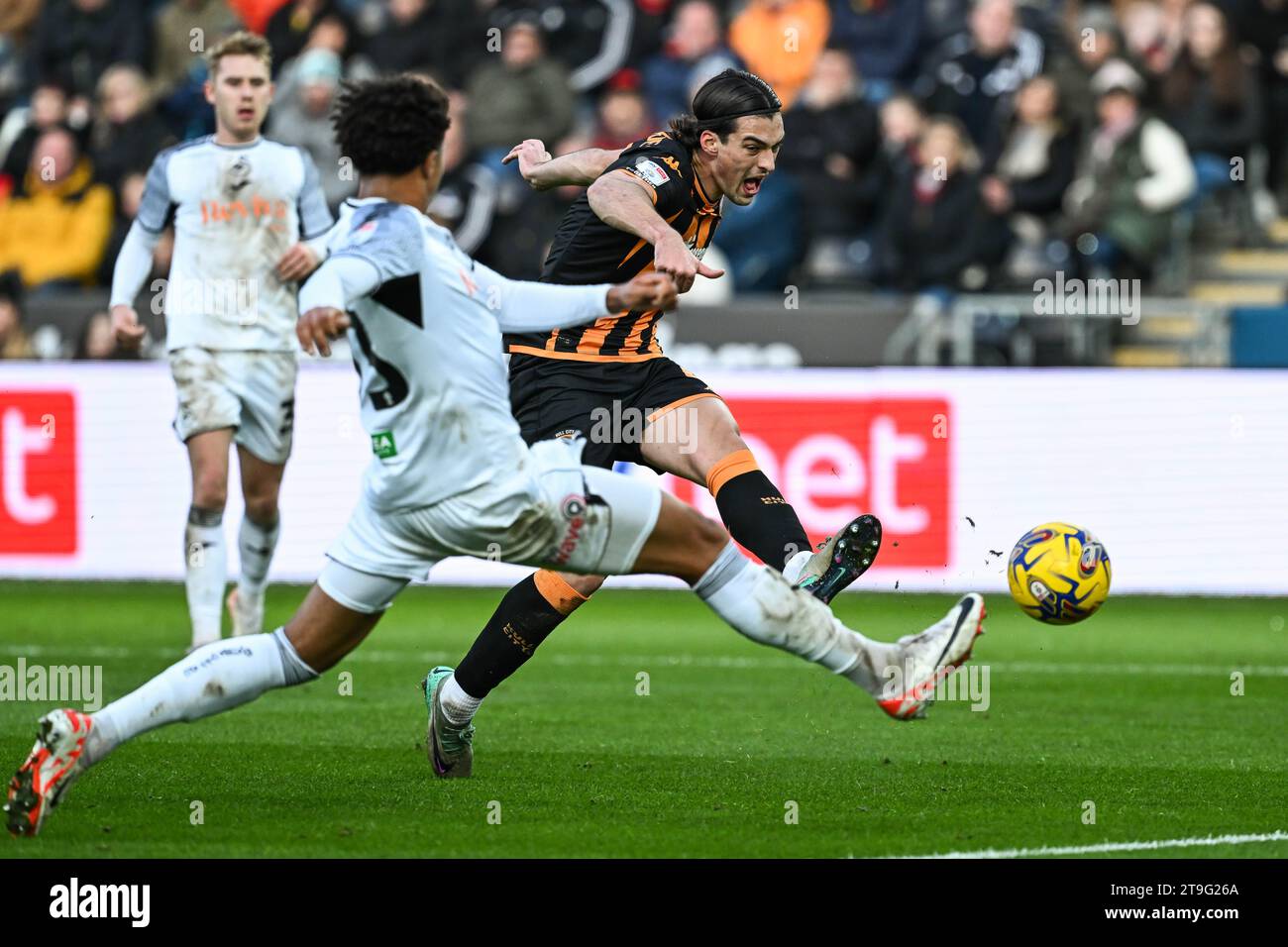 Jacob Greaves #4 of Hull City shoots on goal but its saved by Carl ...