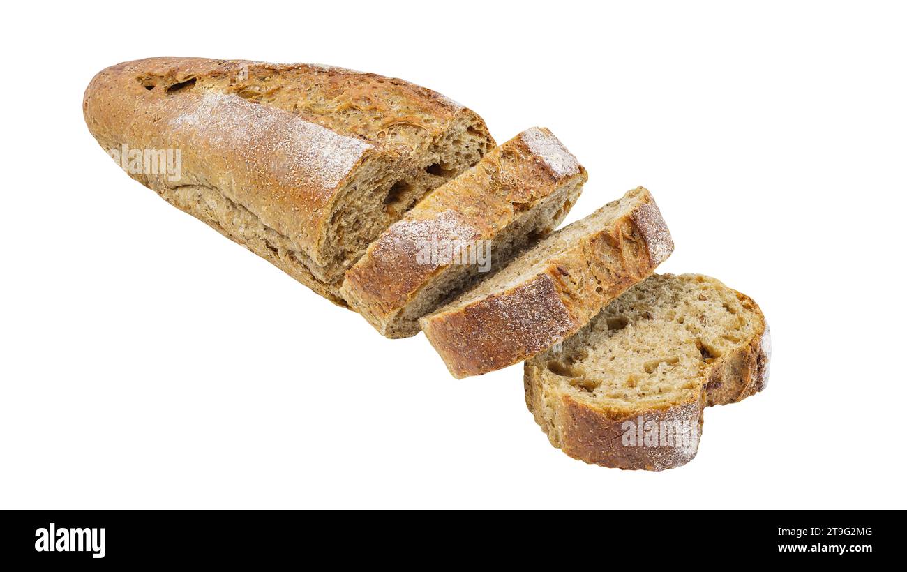 Bread sliced, dark, long loaf isolated on a white background with ...