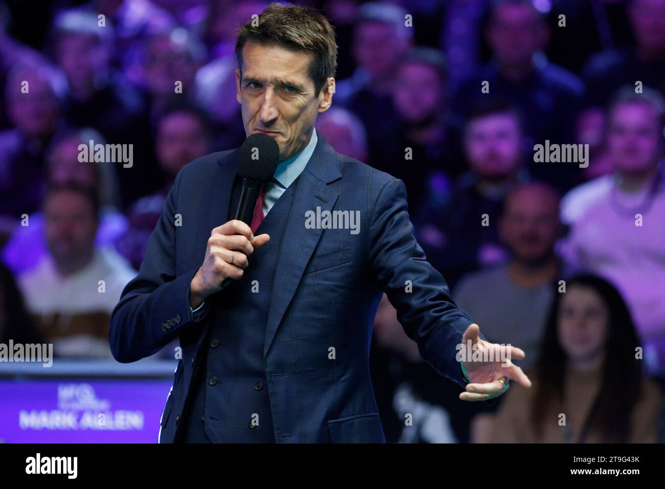 Rob Walker, sports presenter and commentator, introduces the players on day one of the MrQ UK ...