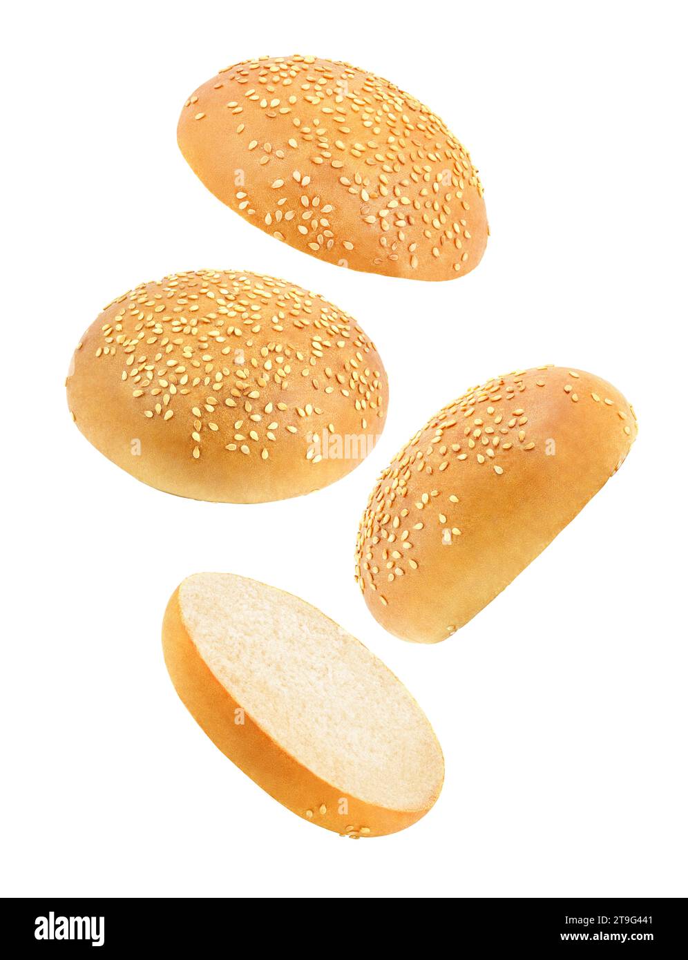 Sesame buns, whole and cut falling, round burger bun hanging, flying ...