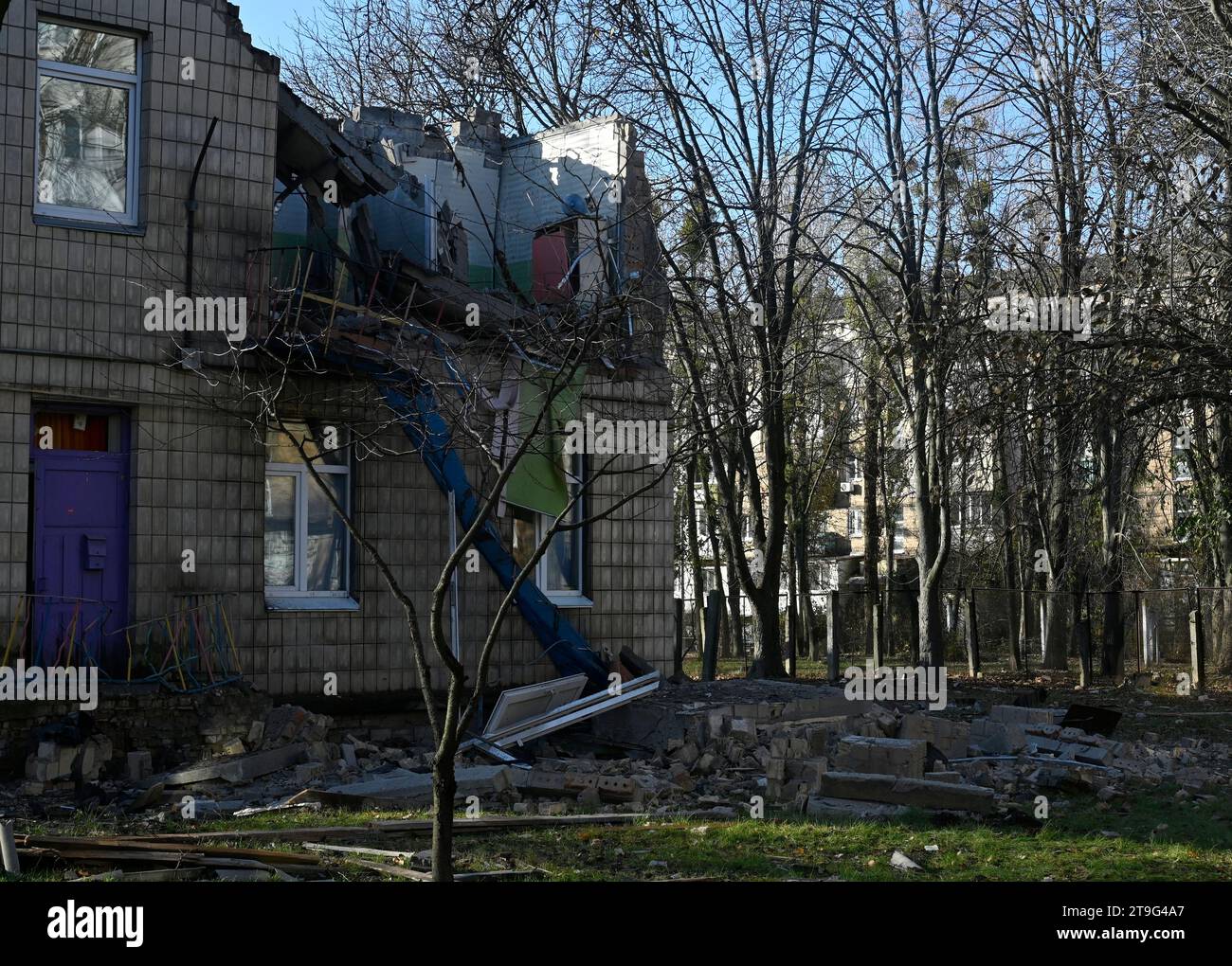 Kyiv, Ukraine. 25th Nov, 2023. View of the kindergarten school building ...