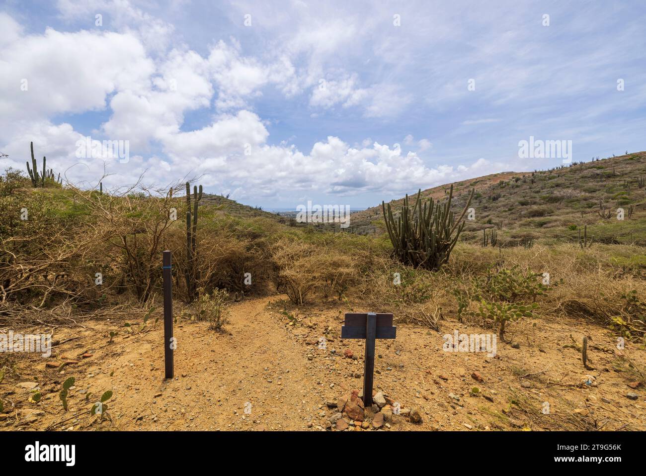 Scenic vista of desert landscape within Arikok National Park on island ...