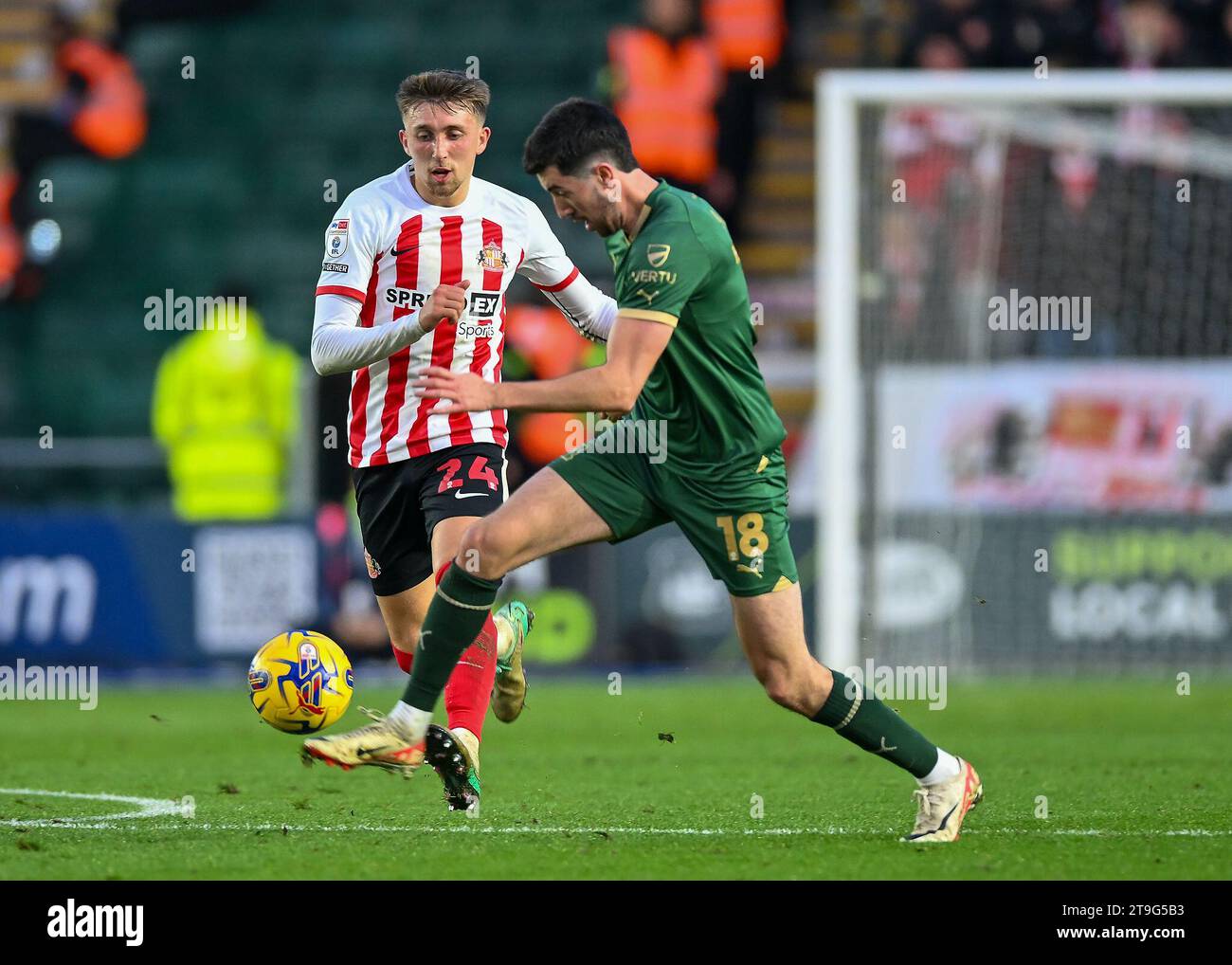 Finn Azaz #18 of Plymouth Argyle controls the ball during the Sky Bet ...