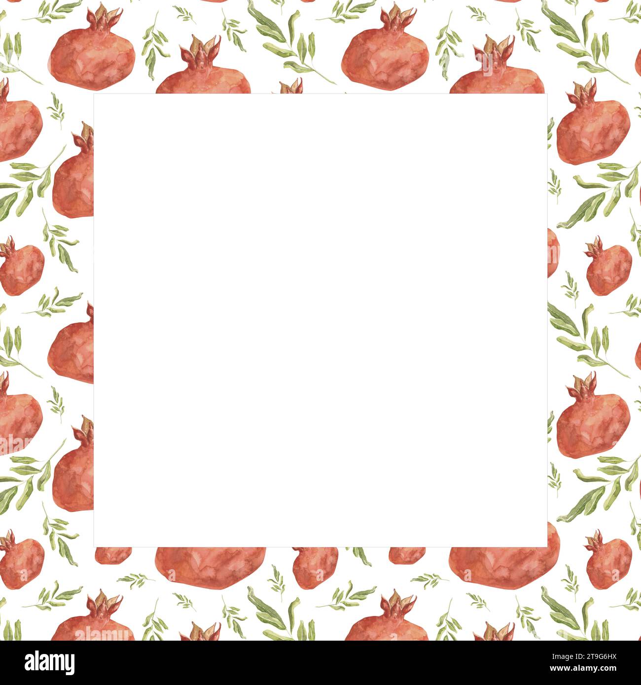 Watercolor frame of pomegranates and branches. Pomegranate frame of ...