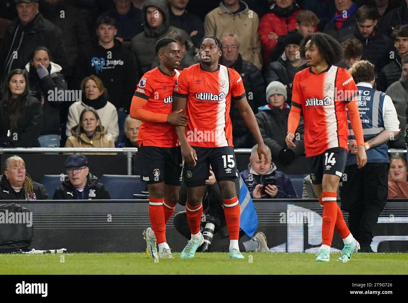 Luton Town's Teden Mengi (centre) celebrates scoring their side's first ...