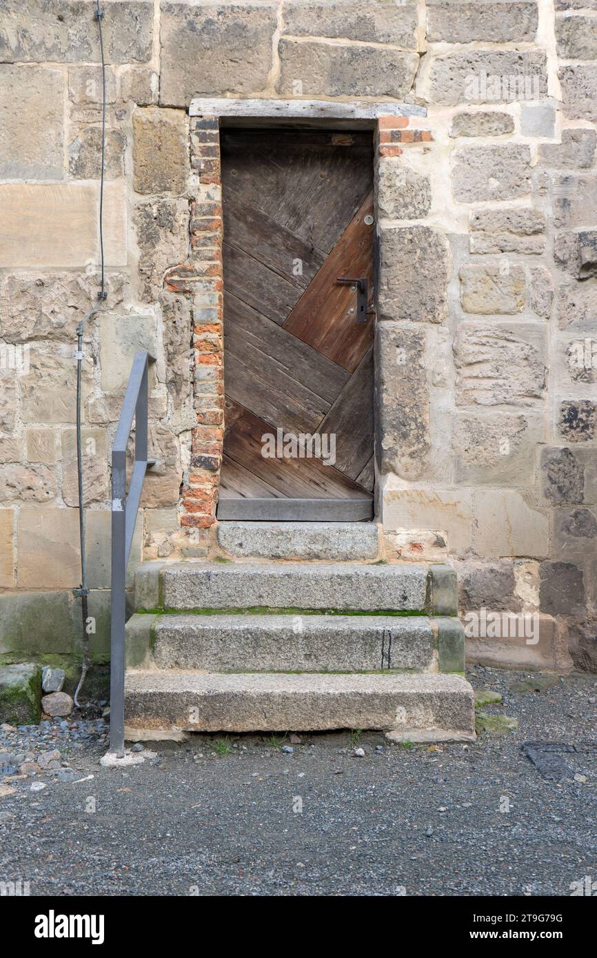 Simple side entrance door to the market church in Quedlinburg Stock ...