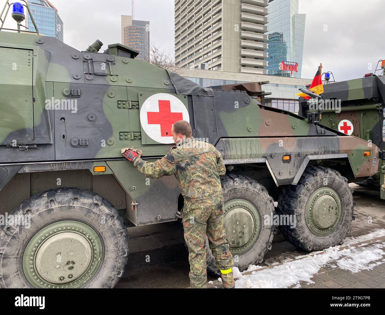 Vilnius, Lithuania. 25th Nov, 2023. A German soldier wipes a Puma ...