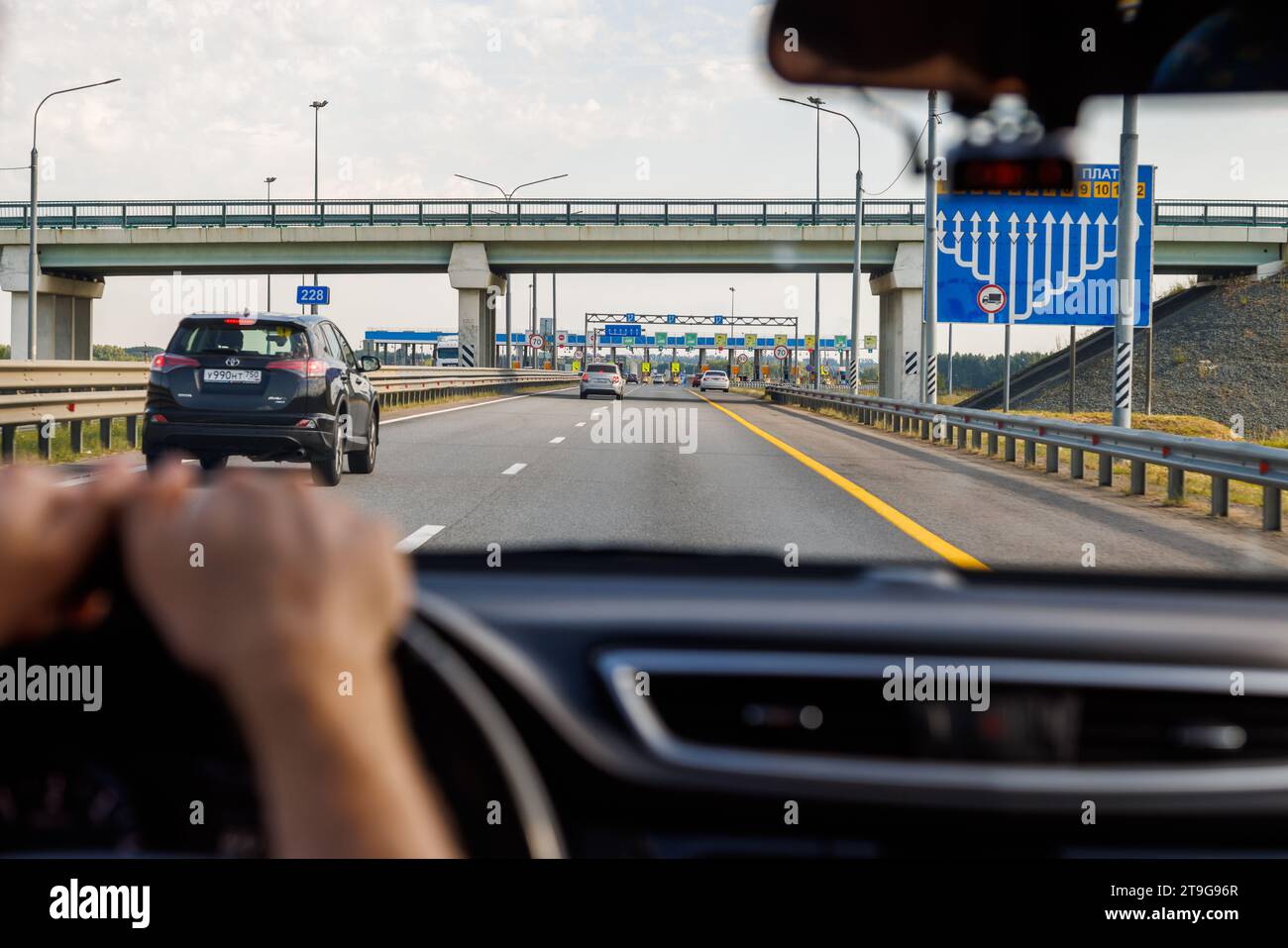 car approaching to toll road checkpoint, view from inside a car Stock ...
