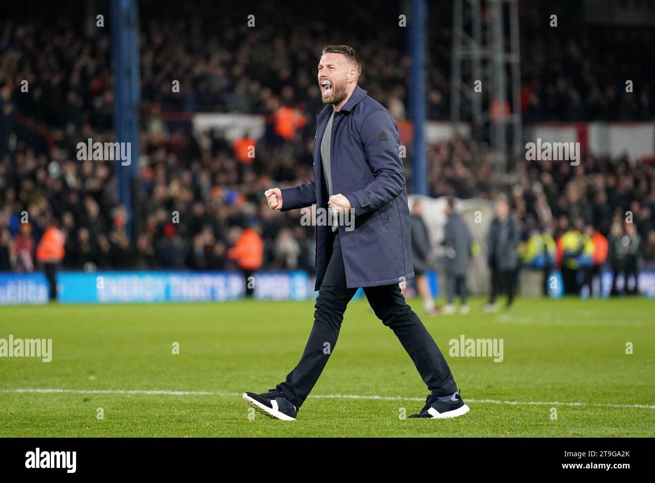 Luton Town manager Rob Edwards celebrates the win after the Premier ...