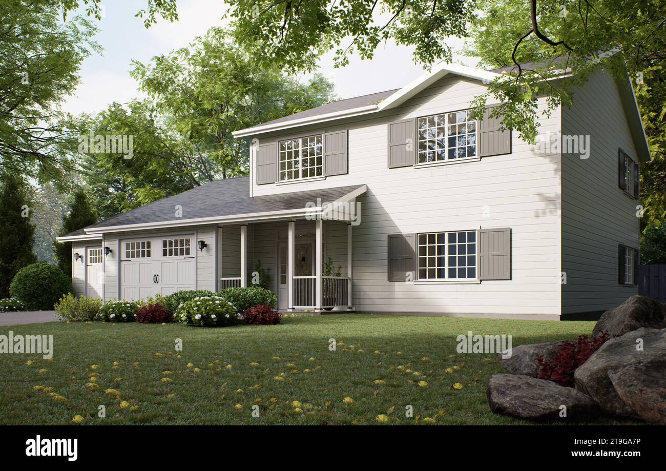 Traditional American home with two garages, a driveway and a large tree ...