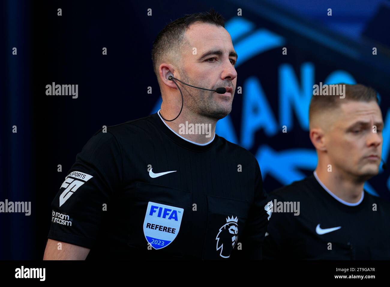 Manchester, UK. 25th Nov, 2023. Referee Chris Kavanagh leads the teams ...