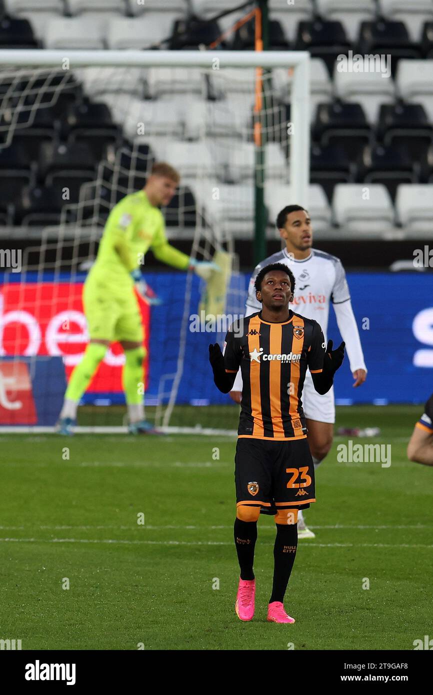 Swansea, UK. 25th Nov, 2023. Jaden Philogene of Hull city (23 ...