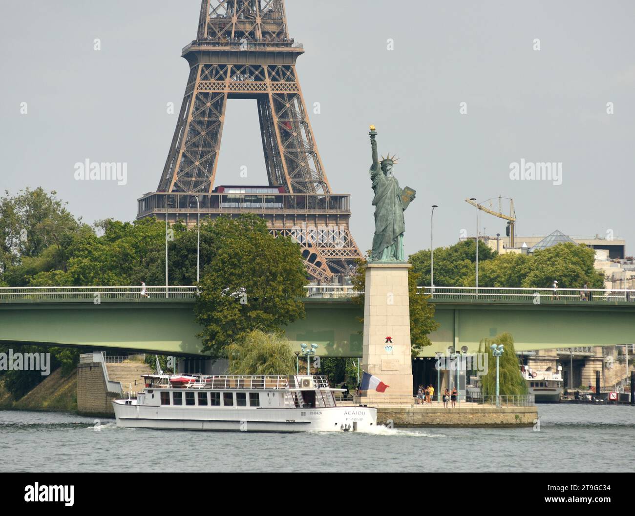 Paris, France - August 28, 2019: Statue of Liberty in Paris and Eiffel ...
