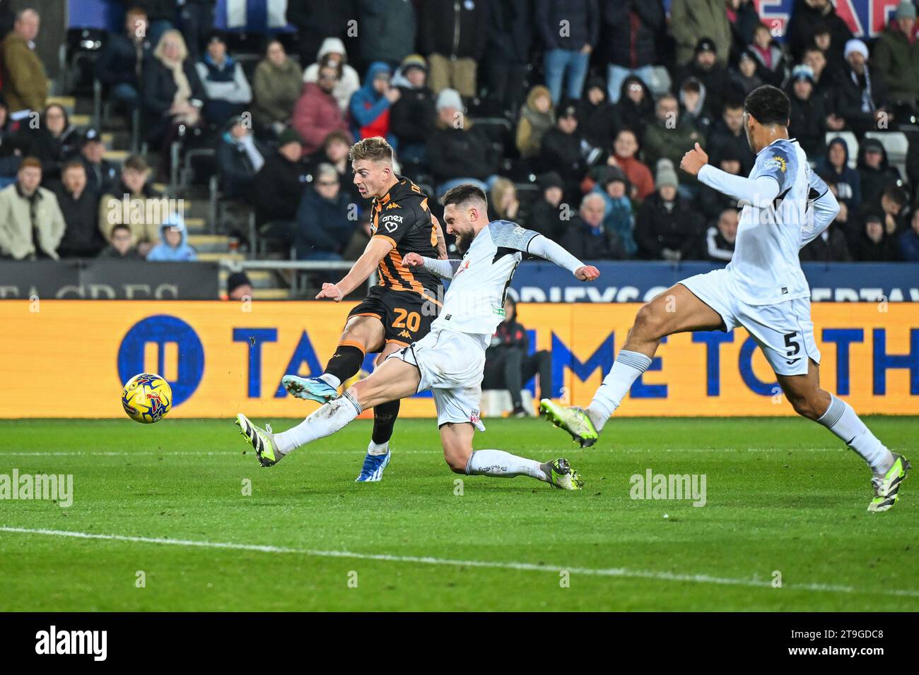 Liam Delap #20 of Hull City shoots on goal during the Sky Bet ...