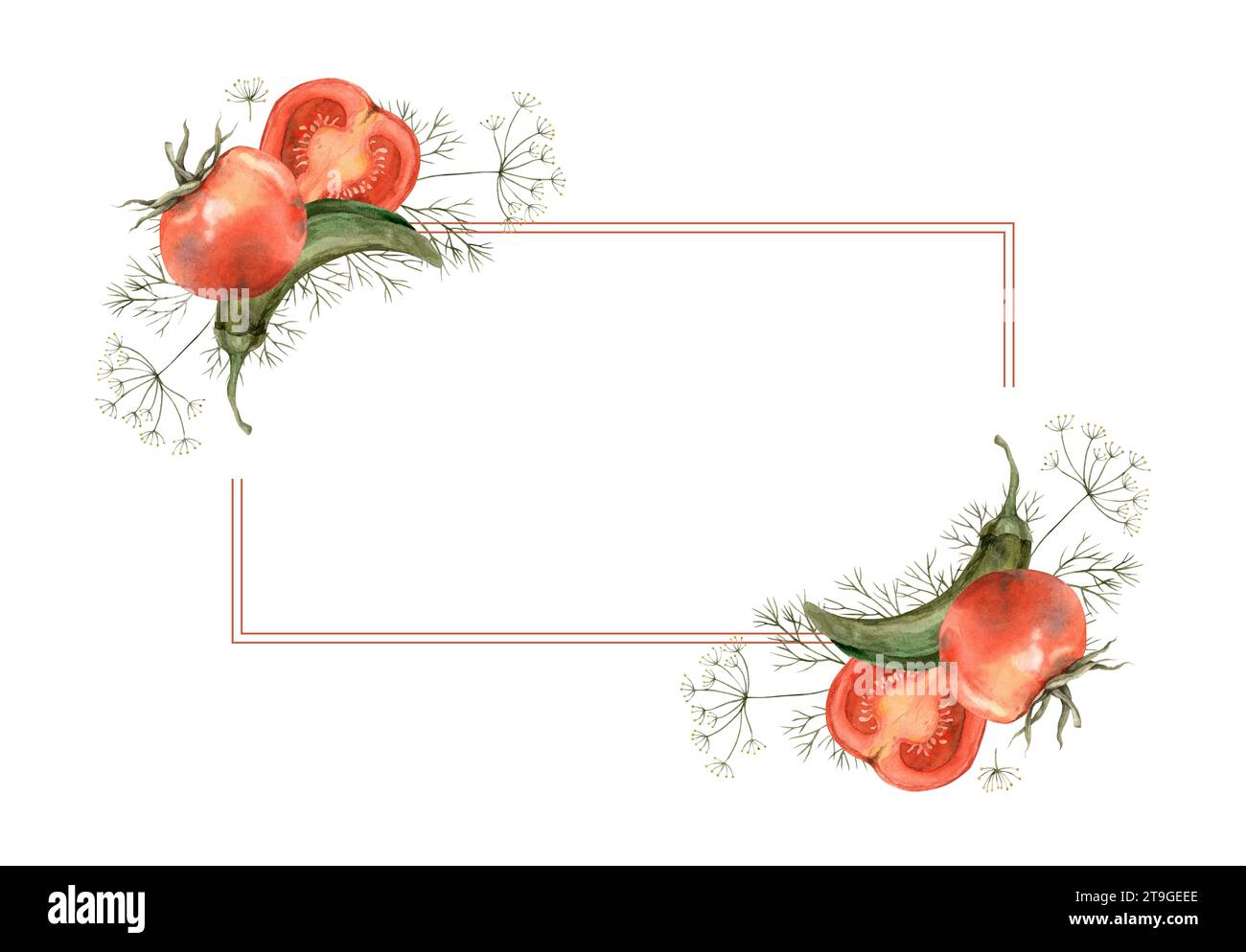 Watercolor frame with tomato, pepper and dill. Hand drawn and isolated ...
