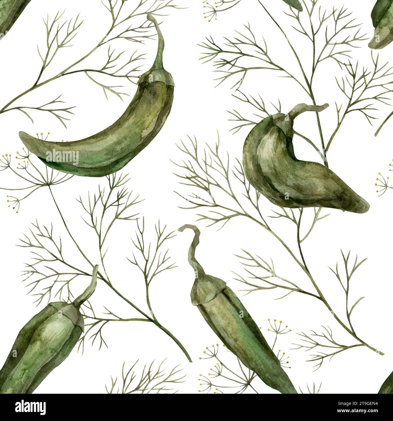 Seamless watercolor pattern of green spicy dill and green pepper. Hand ...