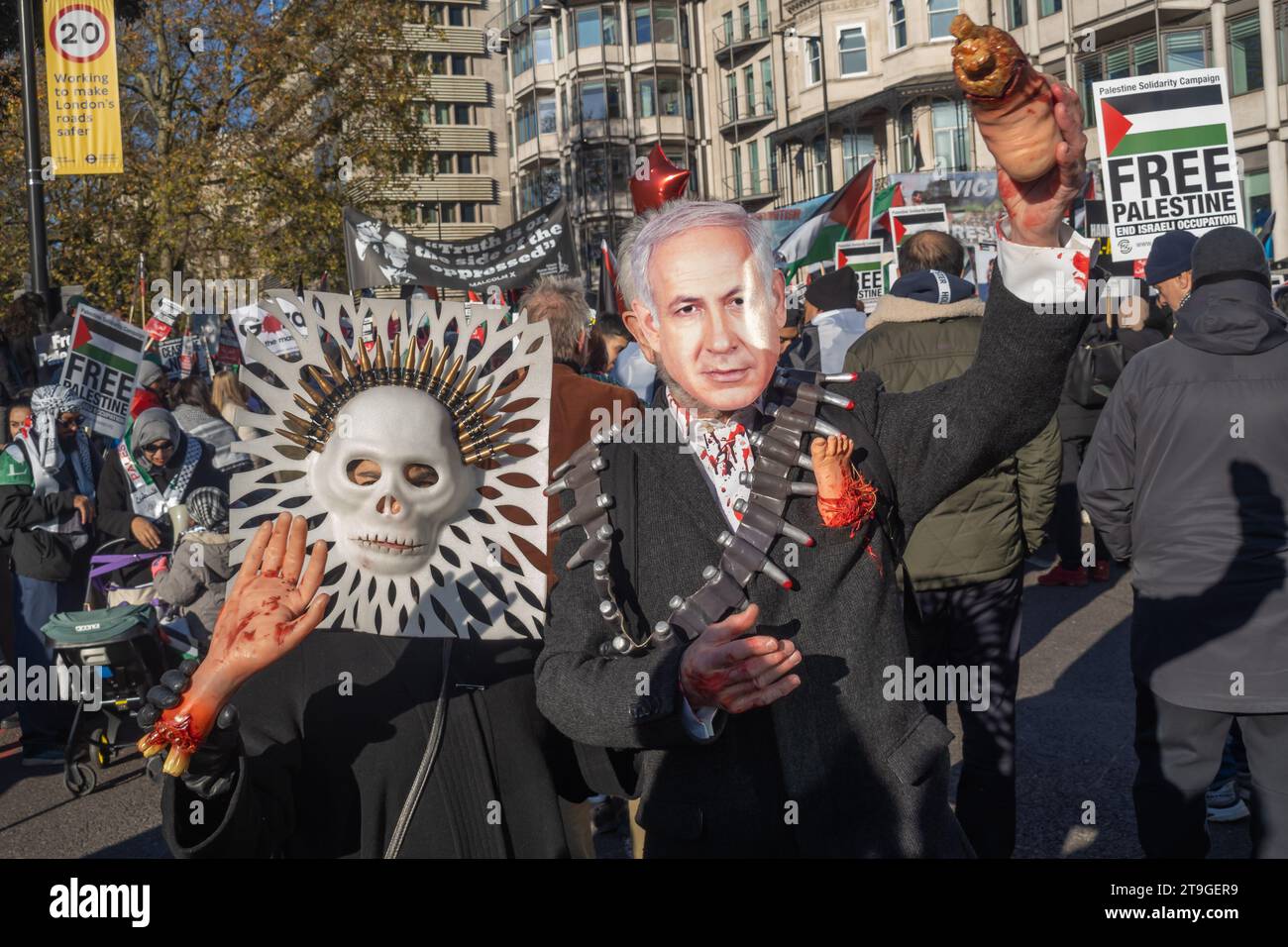 London, UK. 25 Nov 2023. Bullets and torn limbs. Hundreds of thousands ...