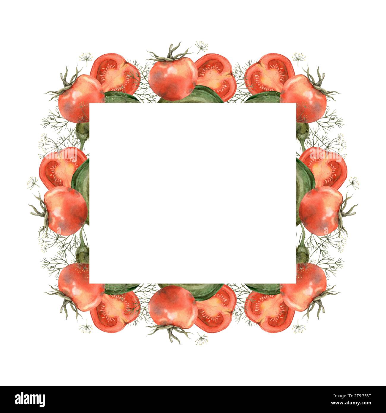Watercolor frame with tomato, pepper and dill. Hand drawn and isolated ...