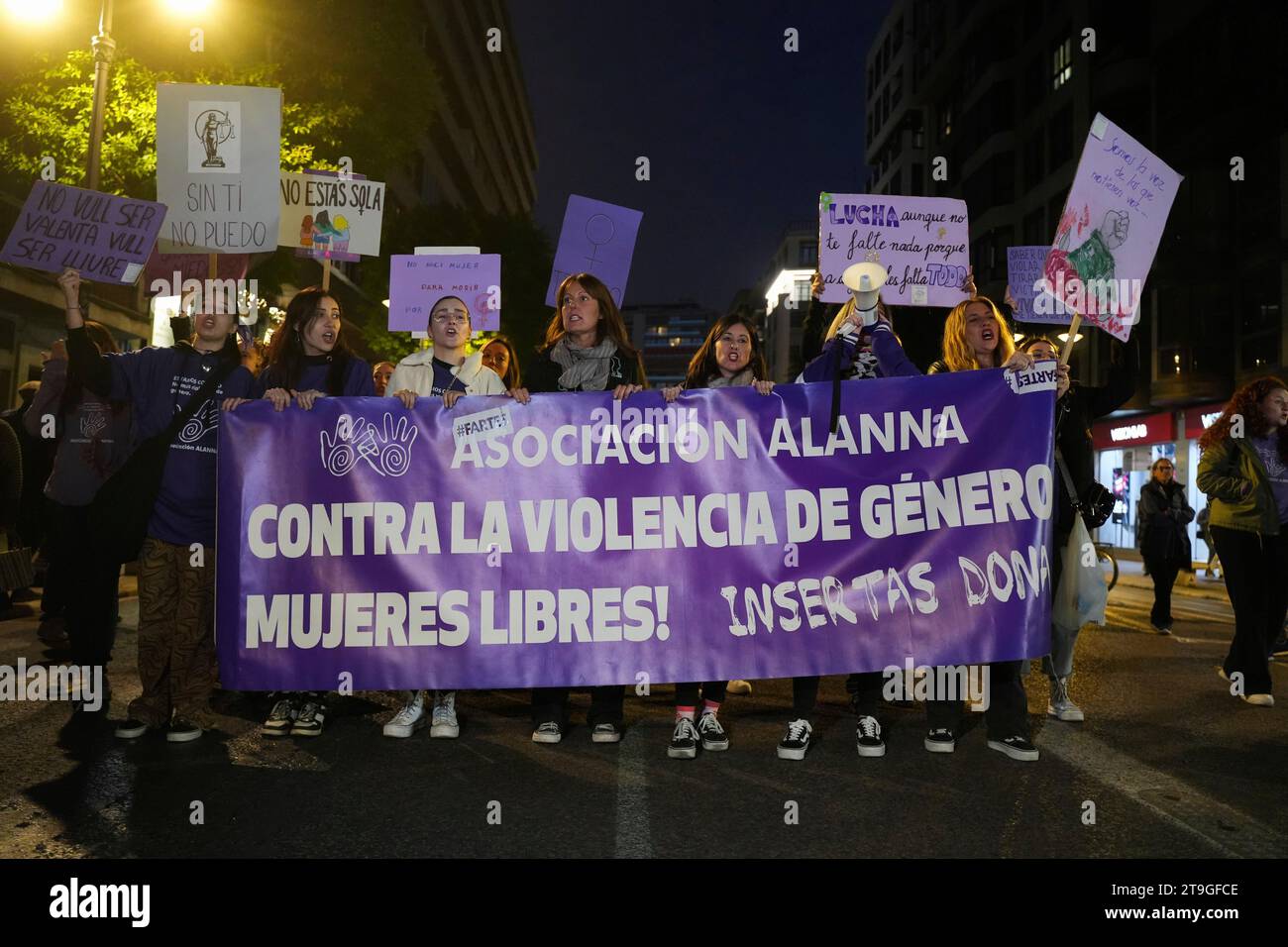 Dozens of women carry placards during a march against violence against ...