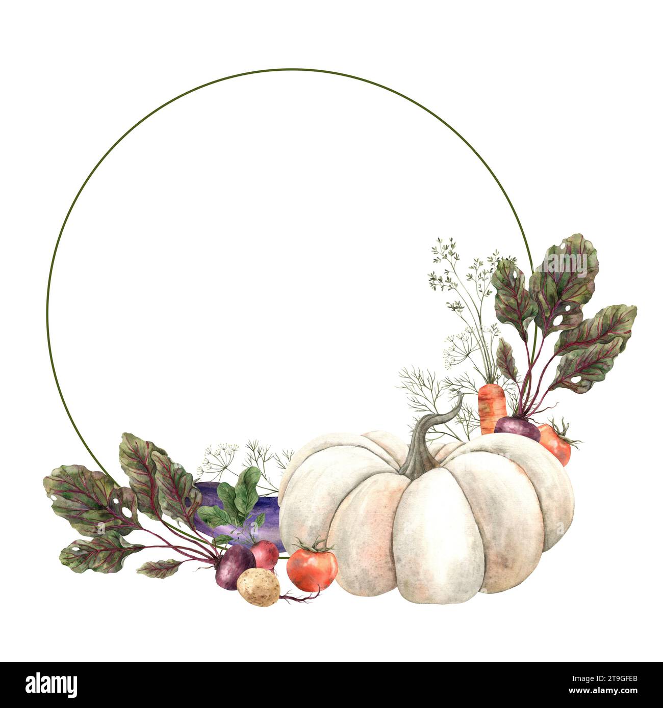 Round watercolor frame with vegetables: pumpkin, radishes, carrots ...