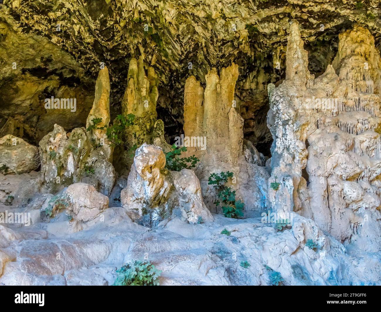 The entrance to the Agia Sofia cave in the Topolia Gorge, Crete on a ...