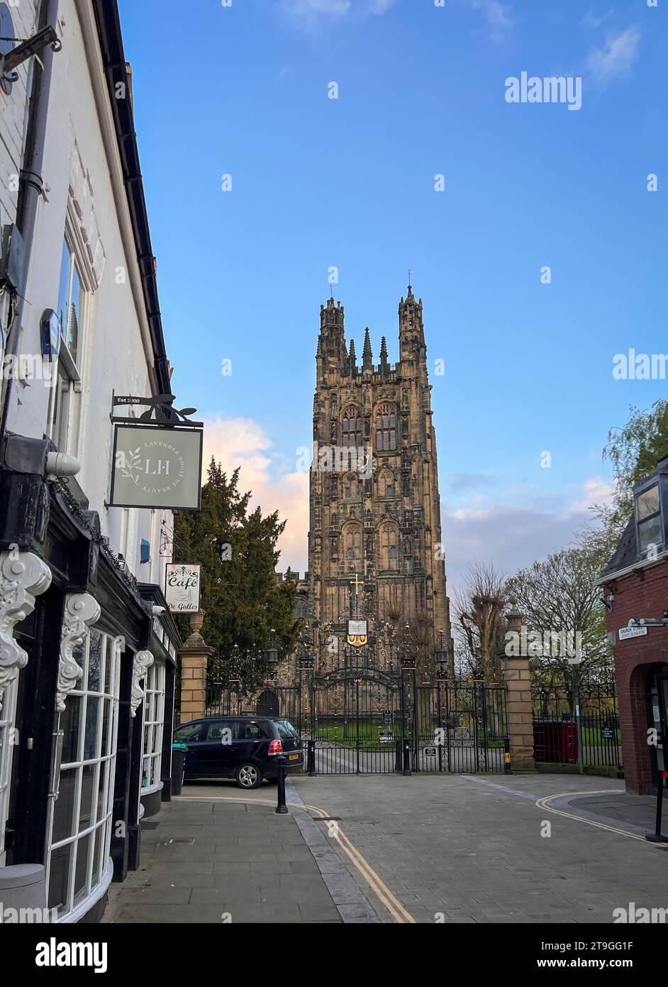 View of Church Street and St Giles cathedral in the city of Wrexham ...
