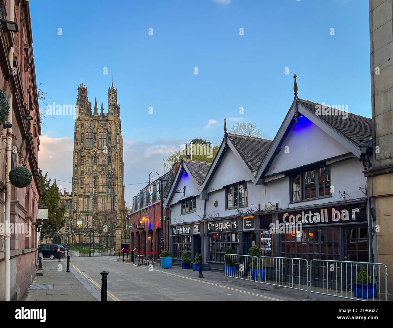 View of Church Street and St Giles cathedral in the city of Wrexham ...