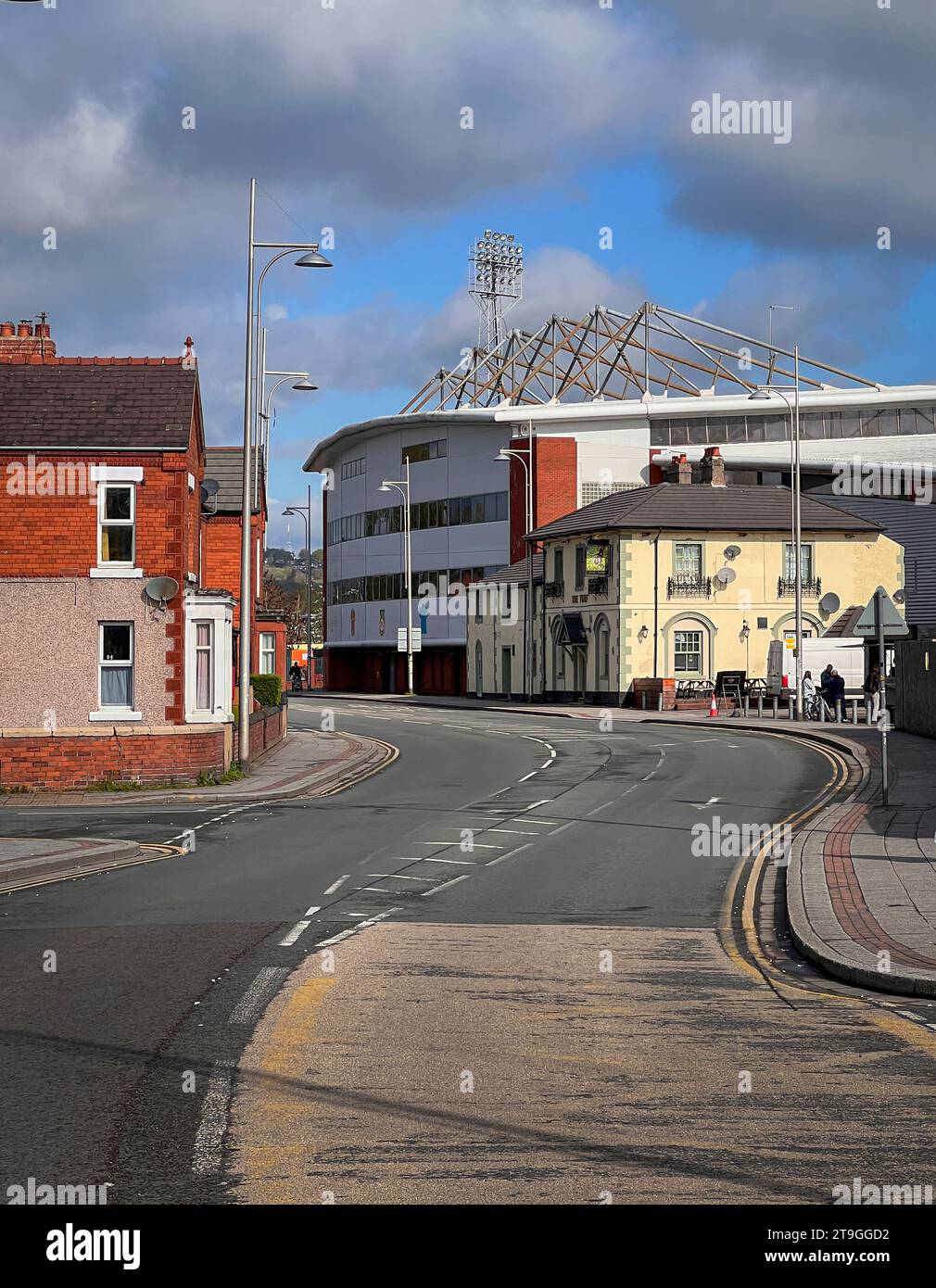 Street view of Wrexham football stadium known as the Racecourse Ground ...
