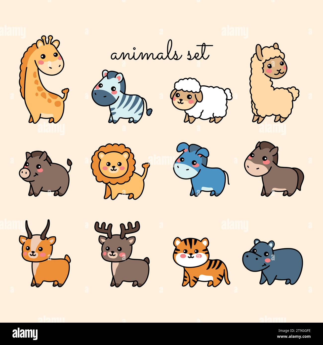 Hand drawn animals color elements. Cartoon characters set. Isolated ...