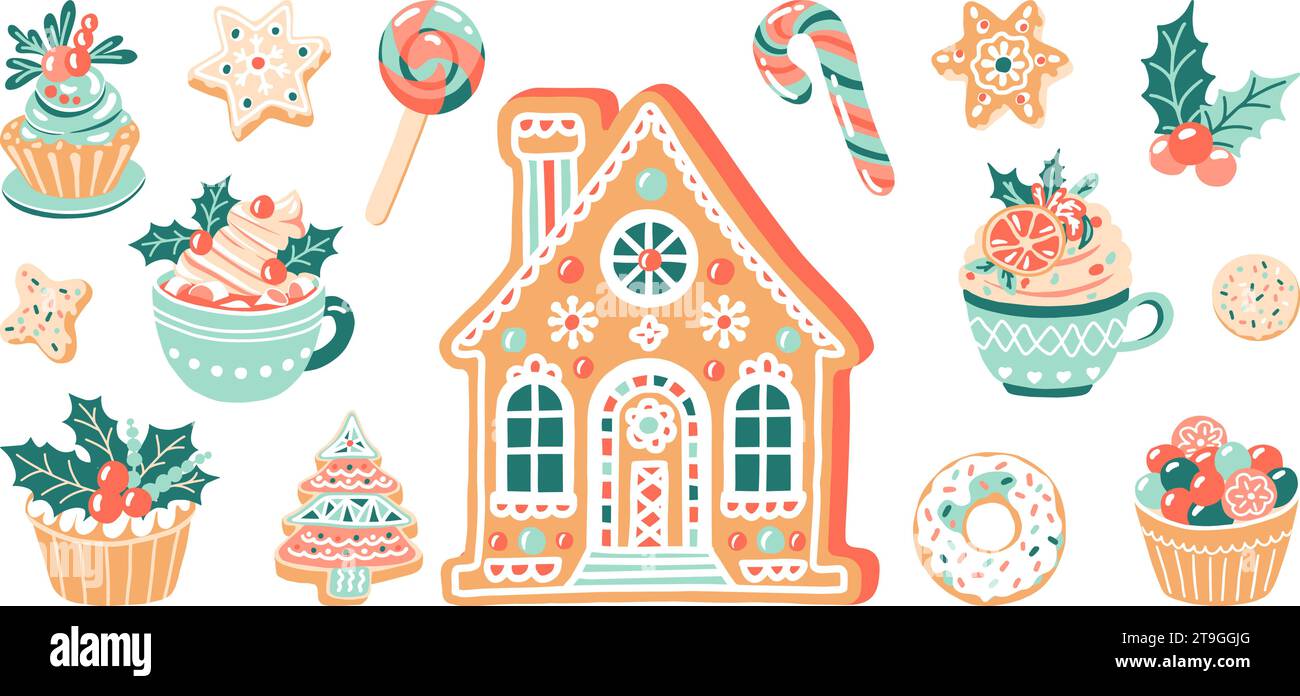 Christmas sweet-stuff food set. Holiday confection - gingerbread, candy ...