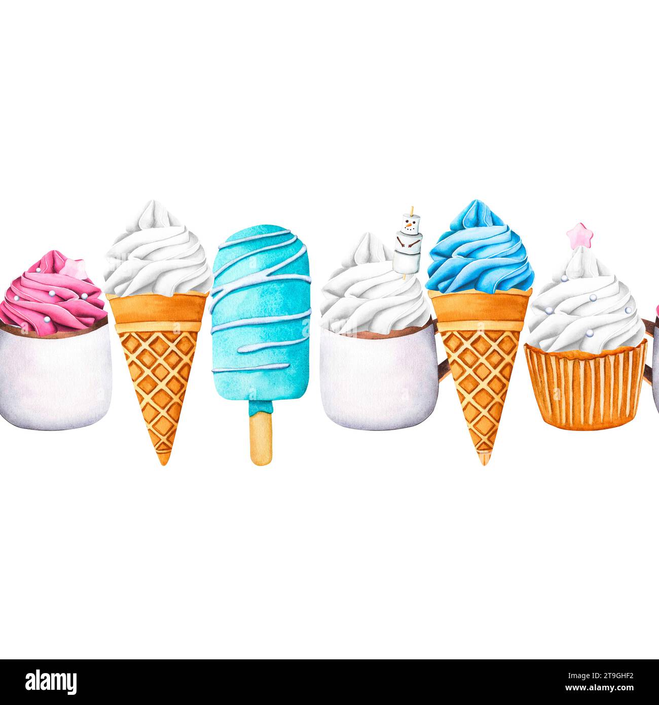 Seamless border. Ice creams, cupcake with pink and white cream and ...
