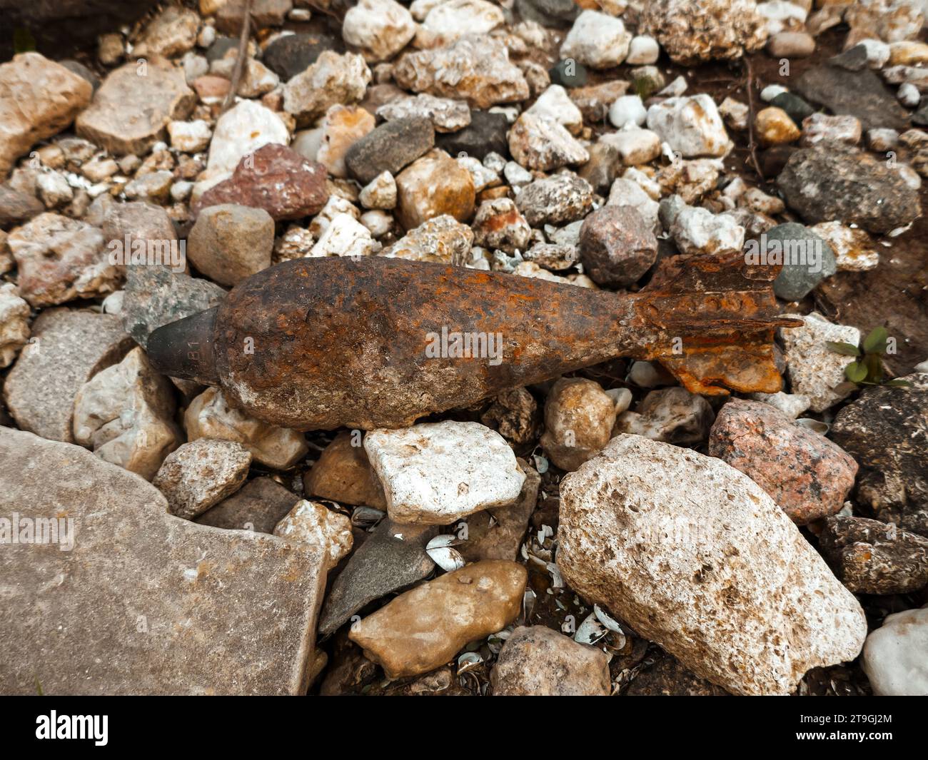 German trench-mortar bomb (water-drop shaped mortar projectile) during ...