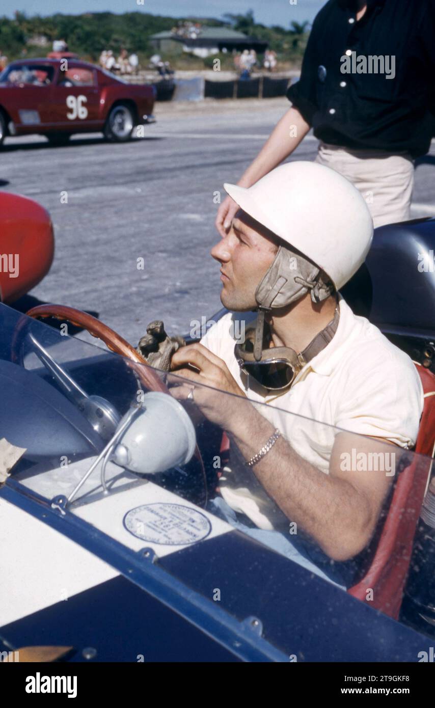 NASSAU, BAHAMAS - DECEMBER 5: Stirling Moss #1 of England sits in his ...