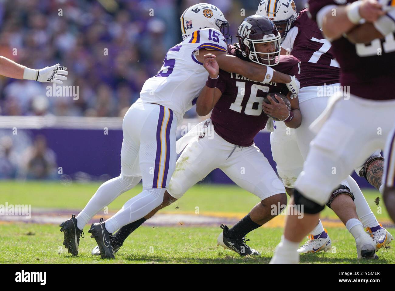 Texas A&M quarterback Jaylen Henderson (16) is sacked by LSU safety ...