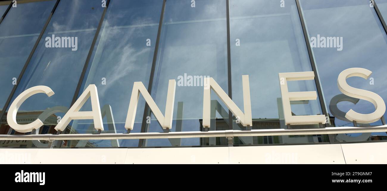 Cannes, France - June 21, 2019: Cannes sign on the main railway station ...