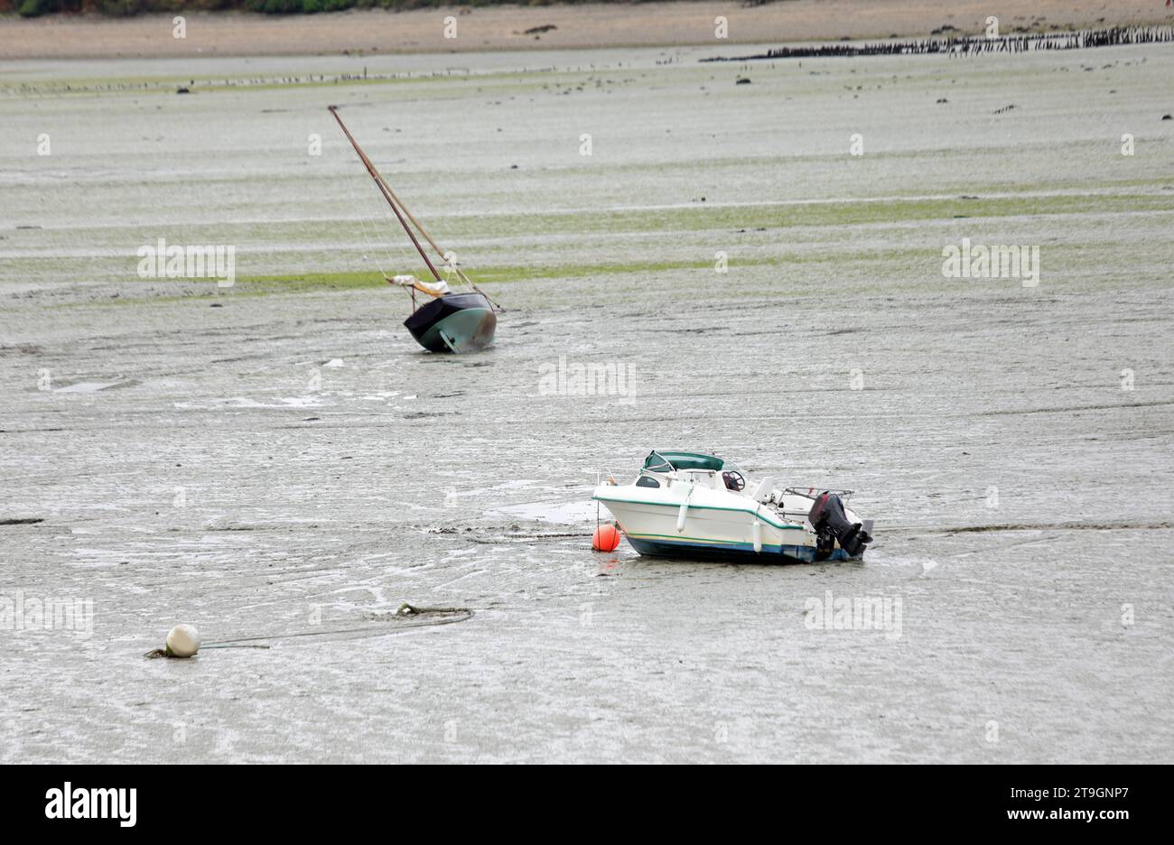 two boats stuck on the muddy bottom during low tide in the town of ...