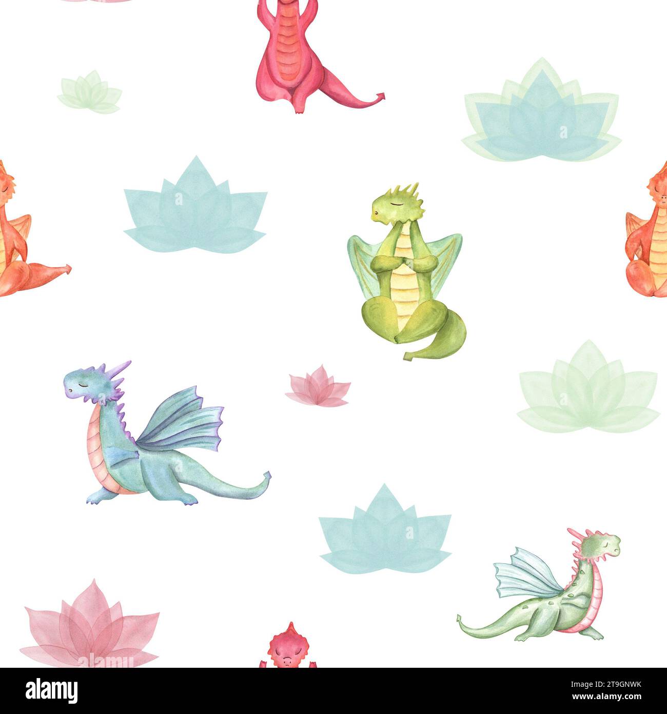 Seamless pattern of colored Dragons in various poses of yoga. Abstract ...