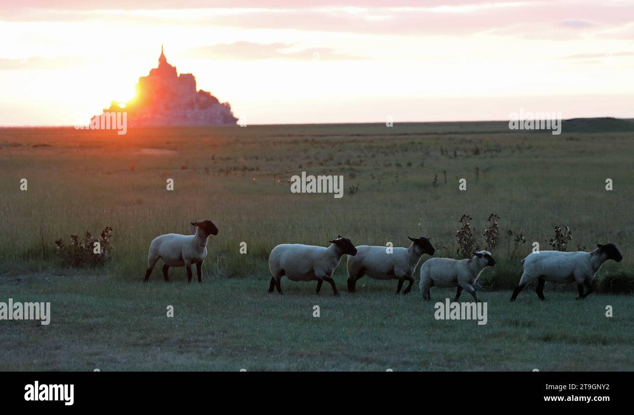 Sun sets behind the ancient Abbey of Mont Saint Michel in Normandy ...