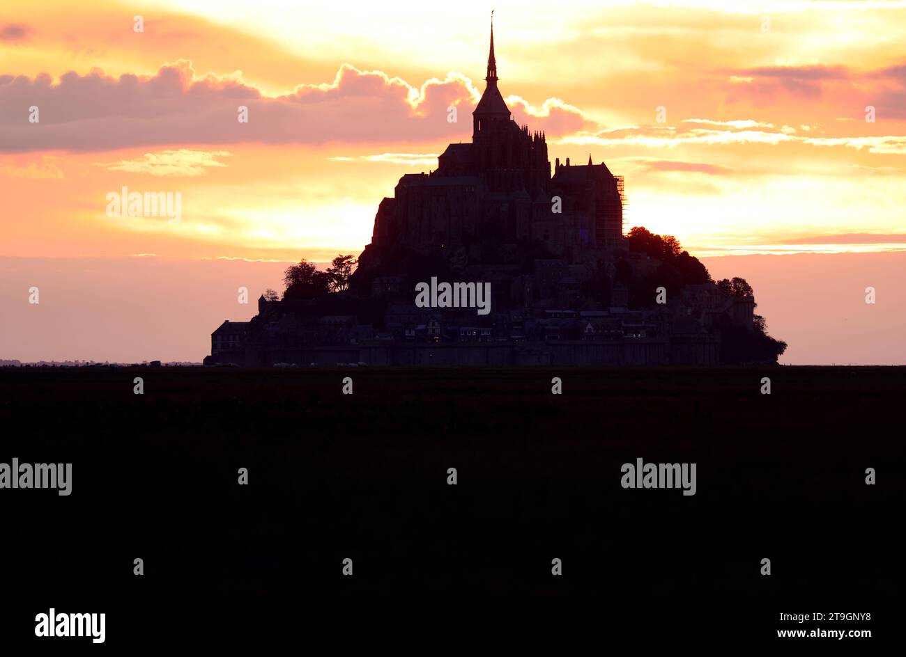 black Silhouette of the ancient Abbey of Mont Saint Michel in the ...