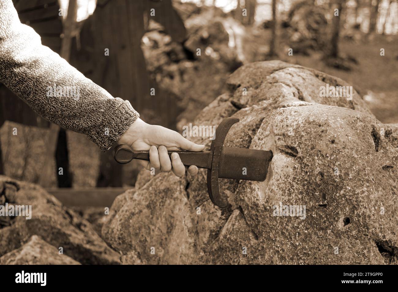 hilt of the sword in the stone and the hand of the knight with old ...