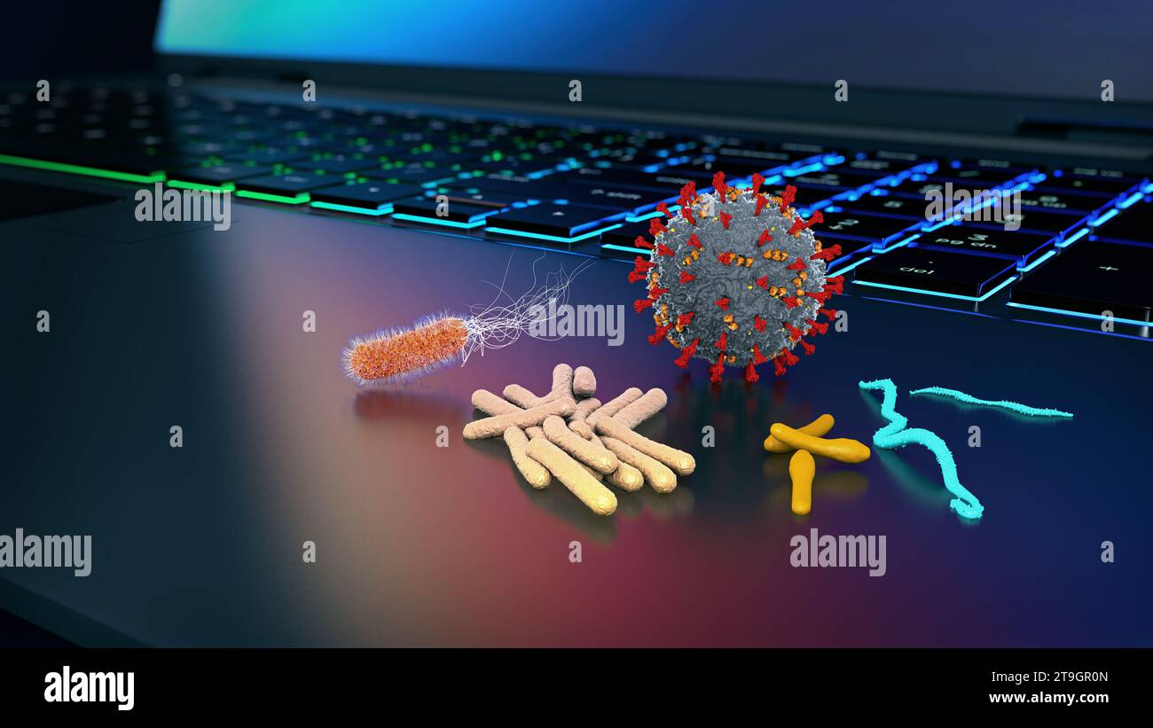 Pathogens on the surface of a portable notebook. - 3d illustration ...