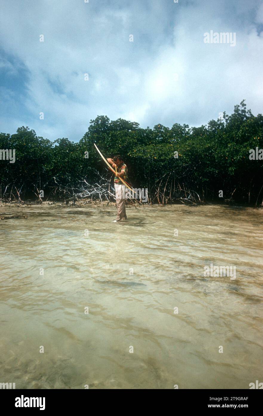 BAHAMAS - APRIL 7: Colyn Rees gets ready to shoot a fish with his bow ...
