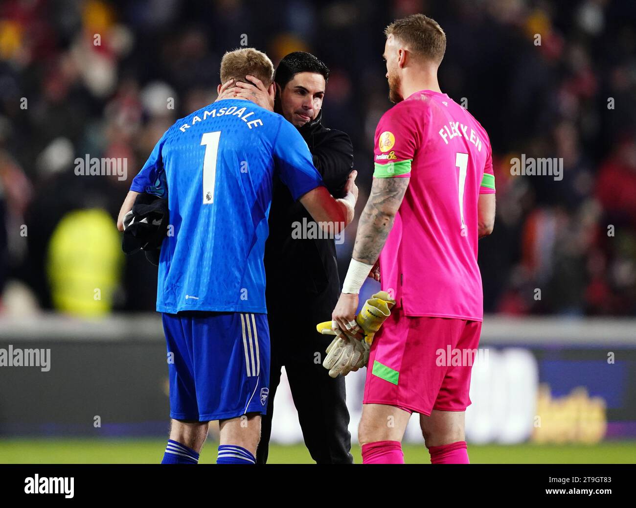 Arsenal manager Mikel Arteta with Aaron Ramsdale following the Premier League match at Gtech ...