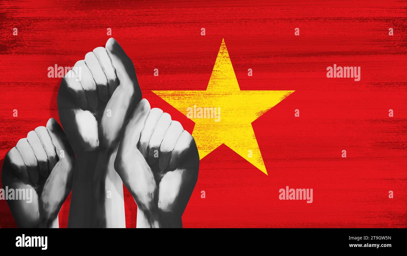Multiple clenched fists against Vietnam flag.Protest in Vietnam.Protest ...