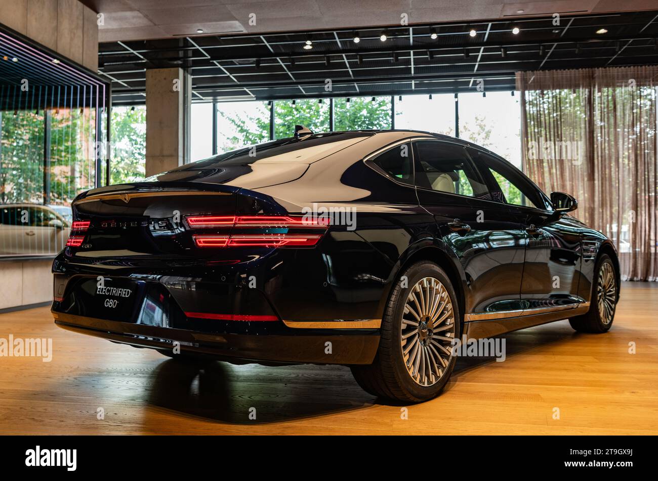 New York City, USA - August 06, 2023: Hyundai electric Genesis G80 black car rear and passenger ...