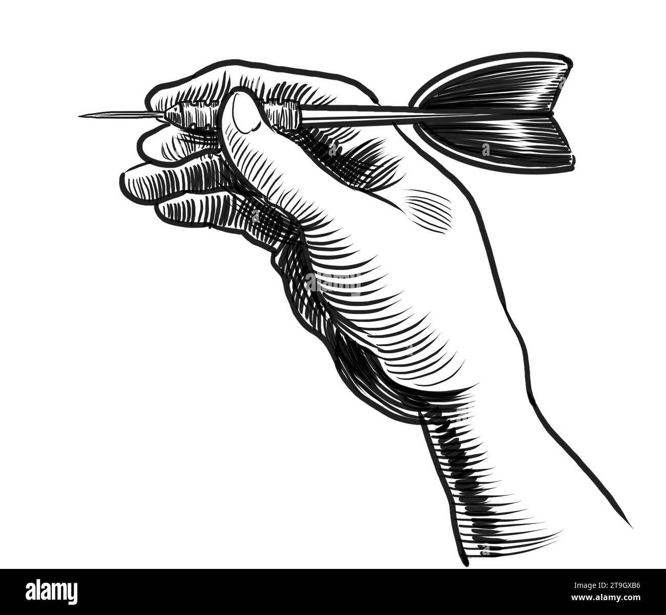 Hand with a dart arrow. Hand-drawn black and white illustration Stock ...